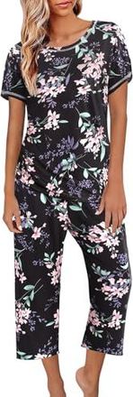 Generic Pyjama Femme Ete Coton Sexy Ensemble De Pyjama Femme Pantalon Pyjama Avec Haut Manche Courte Et Pantalon Capri 3/4 Grande Taille Fluide Sleepwear Impr