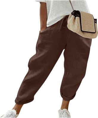 Generic Damen Leinenhose Sommer Knielang Kurze Hosen Leicht und Luftig Locker Hohe Taille Caprihose Elastisch Einfarbig Strandhose Stoffhose Casual Pants mit 