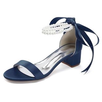 Generic Chaussures Mariage Femme Talon Bloc Bout Ouvert Talons Bas Sandales Mode &Eacute;t&eacute; Satin Mari&eacute;e Dress F&ecirc;te Hauts 4.5Cm,Dark Blue,43 EU