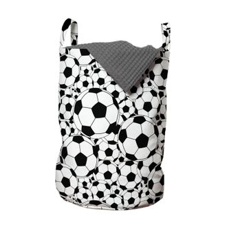 Abakuhaus Fußball Wäschesack 2er Pack, Monochrome Balls Jungen, Wäschekorb mit Griffen und Kordelzugverschluss, Zweierpack 33cm x 50cm,Weiß Schwarz