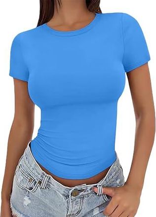 Generic Lot de 3 t-shirts &agrave; manches courtes pour femme - Maillot de corps basique court - T-shirts d&eacute;t&eacute; Y2K - Couleur unie - Coupe ajust&eacute;e - Pour adolescentes