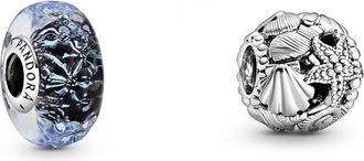 Pandora Welliges dunkelblaues Ozean Murano-Glas Charm & Offen gearbeitetes Seestern, Muschel und Herzen Charm Silber, 11 x 11 x 9,8 mm
