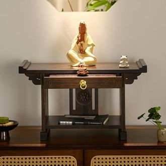 Generic Armoire murale en bois massif avec tiroir - Niche dautel de méditation - Niches bouddhistes pour usage domestique - Table dencens pour prière bouddhis