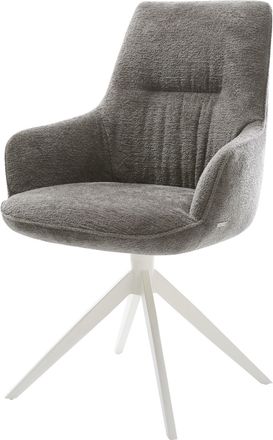 DELIFE Esszimmerstuhl Zelia-Flex mit Armlehnen Kreuzgestell breit Wei&szlig; Boucl&eacute; Soft Schlamm 360&deg; drehbar Wippfunktion Taschenfederkern