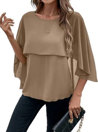 ORANDESIGNE Chemise Mousseline Femme Été Chemisier Chic et élégant Blouse Manches en Cape Haut Col Rond Fluide Tunique Grande Taille A Camel XL