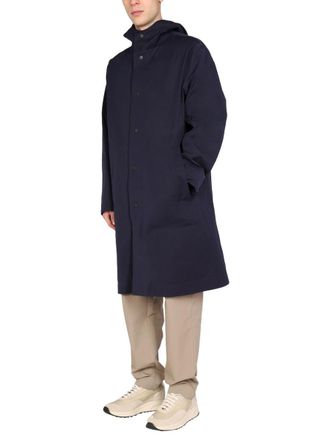 Monobi Hooded Cotton Blend Trench Coat - Blue