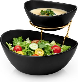 Malacasa Etagere 2 Etagen mit Servierschalen, Snackschalen & Dipschalen aus Steingut mit Metallgestell, Dessertschalen, Salatschüsseln, Bowl Schüssel für Salat