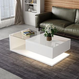 STILVORA Table Basse avec Plateau en Verre Tremp&eacute; et LED 16 Couleurs, Brillance, Style Moderne, en Panneaux de Particules, Blanc, 105&times;55&times;32,5 cm