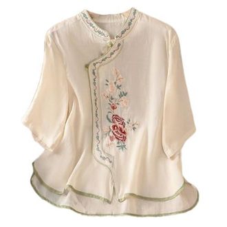 Generic Floral Embroidered Blouse Tops Retro Chinese Frog Button Tees Traditional Collar T-Shirts