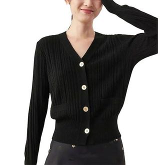 Generic Cardigan r&eacute;tro en coton tricot&eacute; &agrave; col en V pour femme, Noir/blanc, XL
