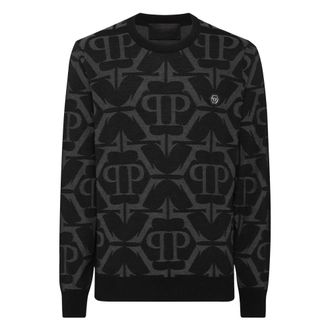 Philipp Plein Homme, Pulls, Noir, Taille: 4XL Pullover Round Neck Chrome
