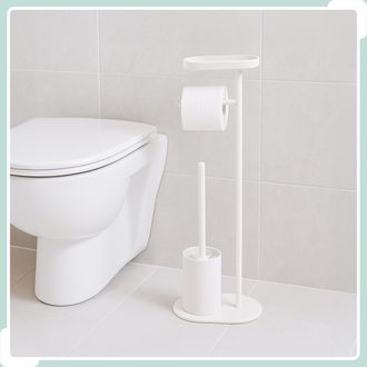 Relaxdays WC Garnitur, HBT: 67 x 23 x 17 cm, stehender Klopapierhalter, Klobürste, Ablage, 2 Ersatzbürstenköpfe, weiß
