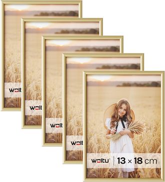 Woltu Bilderrahmen 13x18 cm, 5 Set, Fotorahmen Gold, Aluminium, mit Passepartout, zum vertikalen oder horizontalen Aufh&auml;ngen/Aufstellen, f&uuml;r Fotos, Bilder