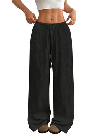 Onsoyours Damen Sommer Leinen Hose Einfarbig Casual Leichte Straight Leg Hosen Bequeme Luftige Freizeit Musselin Hose A Schwarz S