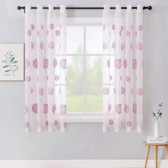 Miulee Vorhänge mit Florales Stickerei, Gardinen Weiß mit Rosa Muste für Wohnzimmer, Schlafzimmer Vorhang Transparent mit Ösen, 2er Set Voile Blumen Durchsic
