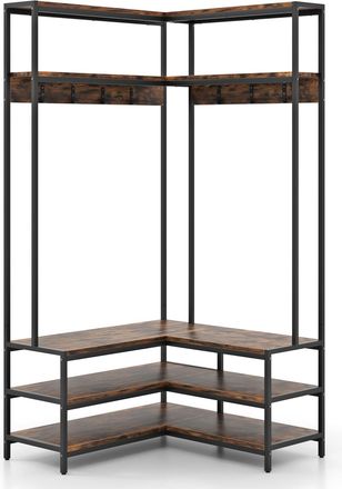 Giantex L-f&ouml;rmiger Kleiderst&auml;nder, Garderobenst&auml;nder mit Sitzbank, Ablage & Haken, 90 x 90 x 178 cm, Industrie-Design Garderobe f&uuml;r Ecke (Braun)