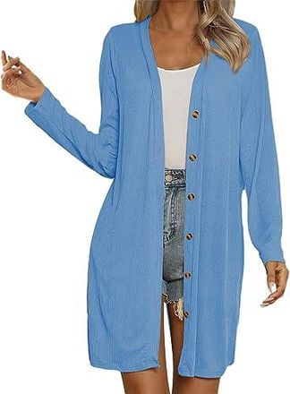 Generic 2026 Veste tricotée à manches longues pour femme Longueur mi-longue Bouton Solide Cardigan en soie glacée, bleu, XXL