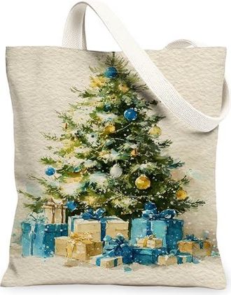 Generic Sacs fourre-tout en toile motif sapin de No&euml;l, motifs festifs, sacs d&eacute;picerie r&eacute;utilisables, l&eacute;gers et lavables avec bandouli&egrave;re en toile pour le shop