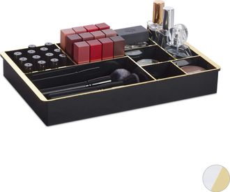 Relaxdays Schubladen Organizer, für Kosmetik, Ordnungssystem, Kunststoff, 8 Fächer, HBT: 5 x 35 x 22 cm, schwarz/gold, 1 Stück