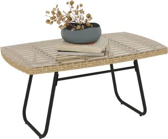 OUTSUNNY Table dappoint de jardin - Outsunny - r&eacute;sine tress&eacute;e - plateau en verre tremp&eacute; - structure en acier - 90x50x45cm - naturel