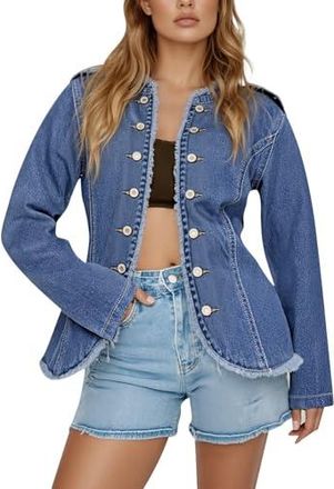 Generic Vestes en jean pour femmes, col montant boutonn&eacute;, coupe ajust&eacute;e, extensible, confortable, d&eacute;contract&eacute;e, l&eacute;g&egrave;re, &eacute;l&eacute;gante, polyvalente, 2026, bleu, XXL