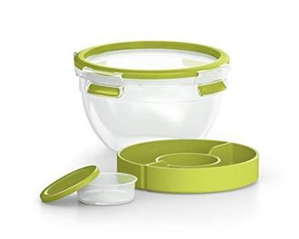 Emsa Clip & Go Salatbox, 1 L, mit Einsätzen für Toppings und Dressing, 100 Prozent dicht, mit Frischedichtung, Transparent, Hellgrün, Made in Germany, 5180