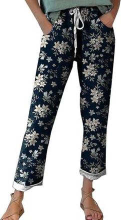 Generic Pantalon L&eacute;ger Femme Fluide Ete Leger en Lin &Eacute;t&eacute; Ceinture &Eacute;lastiqu&eacute;e pour Femme Taille Haute Poche Automne Imprim&eacute; Lin Pantalons D&eacute;contract&eacute;s Pantalon