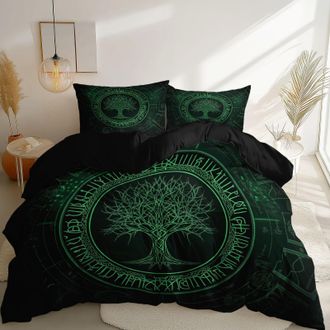 Generic Bettwäsche Set 135 x 200 cm, Schlicht Nordisch Lebensbaum Bedruckt Weiche Mikrofaser Bettbezug mit Reißverschluss, Schwarz Wende Bettbezug 3 teilig fü