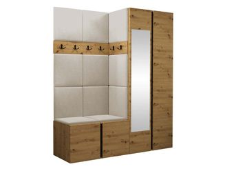 Mirjan24 Garderoben-Set Monati XII, Kleiderschrank mit Spiegel, Schuhschrank, 2X Kleiderhakenbrett, Gepolstertes Paneel/Wandpaneel, 6 Doppelhaken, Flurgarderob