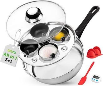 Nutrichef NutriChef Eierpoacher Set - 7.87 Edelstahl Eierkocher mit 4 Antihaft Poaching Bechern, Glasdeckel, Timer, Ofenhandschuh und Spatel f&uuml;r Perfekte Eier i