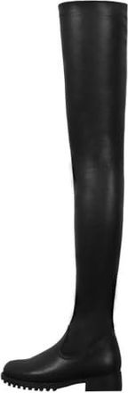 Generic Noir,45 EU,Cuissardes pour Femmes, Bout Rond, Cuissardes, Fermeture éclair latérale, Talons Bas épais, Chaussures Confortables en Cuir Extensible PU p