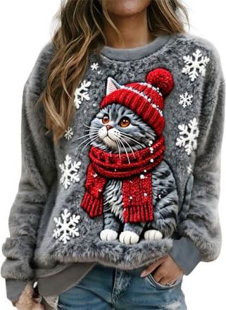 Generic Sweat-Shirt de No&euml;l en Flanelle avec imprim&eacute; Chat pour Femme, Style d&eacute;contract&eacute;, &eacute;l&eacute;gant, Doux et Chaud, Pull de No&euml;l Fantaisie &agrave; col Rond, Haut de Va