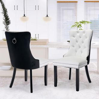 Generic Esszimmerstuhl-Set Aus Leder - Stühle Mit Hoher Rückenlehne, Knopfheftung Und Beinen Aus Massivholz(Leather-White/Black,2)
