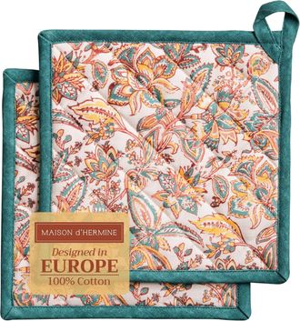 Maison d'Hermine Maison dHermine Topflappen, 100% Baumwolle, hitzebeständig, Set mit 2 Hotpads mit Schleife zum Backen, Grillen, Mikrowelle, Umgang mit heißen Pfannen,