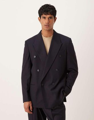 Asos Veste d&eacute;contract&eacute;e coupe crois&eacute;e avec rayures tiss&eacute;es discr&egrave;tes - Bleu marine