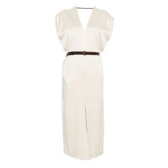 Brunello Cucinelli Midi-Kleid mit V-Ausschnitt - - Dresses - Damen - Beige - S