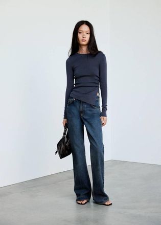Mango Pull en maille fine fronc&eacute; bleu p&eacute;trole - Femme - XXS - MANGO