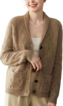 Generic Cardigan ouvert en cachemire pour femme - Tricot torsad&eacute; - &Eacute;pais et chaud - Col en V - Manches longues, Velours violet camel, XS