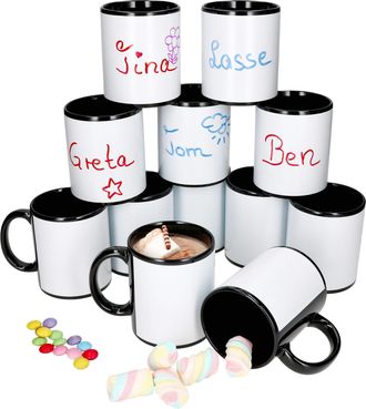 MamboCat Carina 12er Set Mehrwegbecher schwarz I 300 ml I zum Beschriften & Bemalen I Porzellan-Kaffeebecher mit Henkel für 12 Personen I Tassen für Heißgeträn