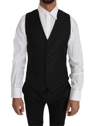 Dolce & Gabbana Mens Black Solid Wool Silk Waistcoat Vest Clothing