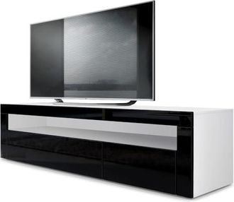 Vladon Buffet Bas Valencia, Meuble TV avec 1 Compartiment Ouvert et 2 clapets, Blanc Mat/Noir Haute Brillance/Noir Haute Brillance (155 x 46 x 40 cm)