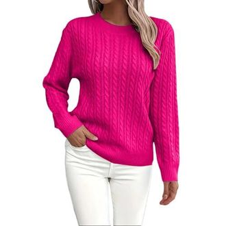 Generic Pull pour femme en tricot torsad&eacute; textur&eacute; de couleur unie col rond &agrave; manches longues pull confortable coupe d&eacute;contract&eacute;e pour automne, hiver, tenue d&eacute;