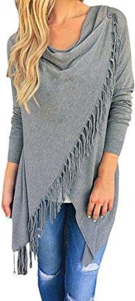 Chic Cardigan Pull Pull-Over Manteau Gilet Tricot Femme Longues Manches Uni Simple Froufrou Casual (FR36-38, Gris)