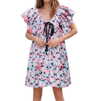 Generic Robes boh&egrave;me 2026 pour femmes, mini robe florale &agrave; manches bouffantes avec noeud et col en coeur et volants, violet, L