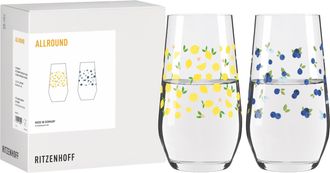 Ritzenhoff 8241003 Universalglas-Set 400 ml, 2er Set - mit saftigen Zitronenscheiben und tiefblauen Blaubeeren - Made in Germany