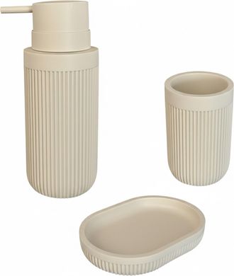 Relaxdays Bad Accessoires, 3-teilig, Seifenschale, Seifenspender, Zahnputzbecher, Polyresin, Bad Zubeh&ouml;r Set, beige