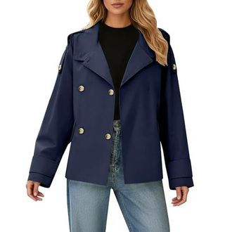 Generic Trench court grande taille, veste &agrave; double boutonnage avec col montant, v&ecirc;tements de travail d&eacute;contract&eacute;s, l&eacute;ger, Marine, XXL