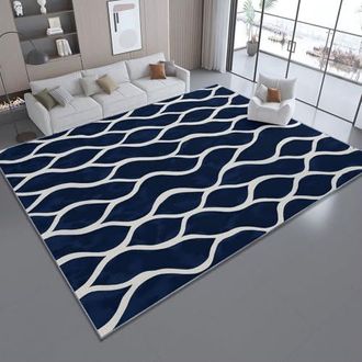Generic Tapis 160 x 230 cm Lavable Poil Ras Anti Slip Chambre - Simplicit&eacute; Vagues Courbes Textures Th&egrave;me Tapis de Salon, Bleu fonc&eacute; Moquette Decoration Maison