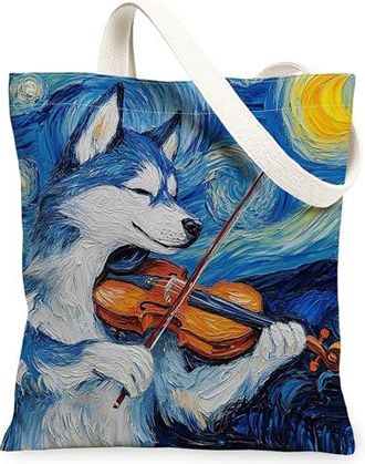 Generic Husky Sac fourre-tout en toile r&eacute;utilisable pour faire du shopping 33 x 38,1 cm, motif violon nocturne &eacute;toil&eacute;, sac d&eacute;picerie pour femme, animal domest
