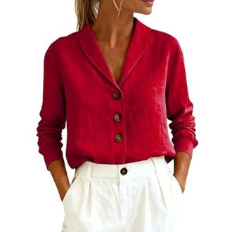 Generic Haut en lin pour femme - Manches longues - Couleur pure - Col en V - Avec boutons - &Eacute;l&eacute;gante - Pour le travail - Classique et polyvalent - Chemisier h